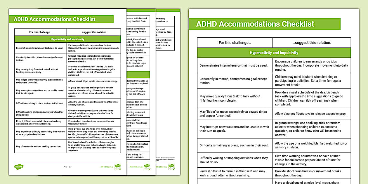 ADHD Accommodations Checklist (teacher made) - Twinkl