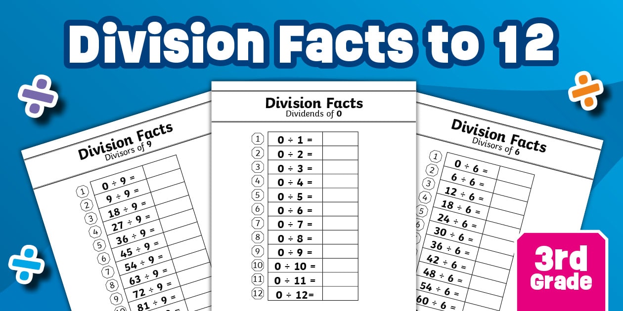 Third Grade Division Facts to Quotients of 12 Worksheets