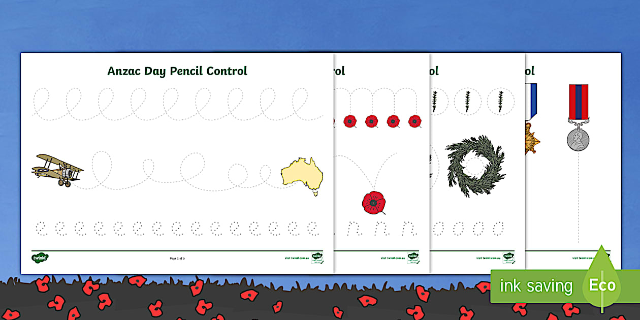 Anzac Day Tracing Skills Worksheets - Twinkl