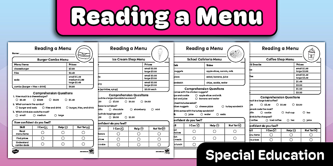 Life Skills: Reading a Menu Functional Reading Worksheets