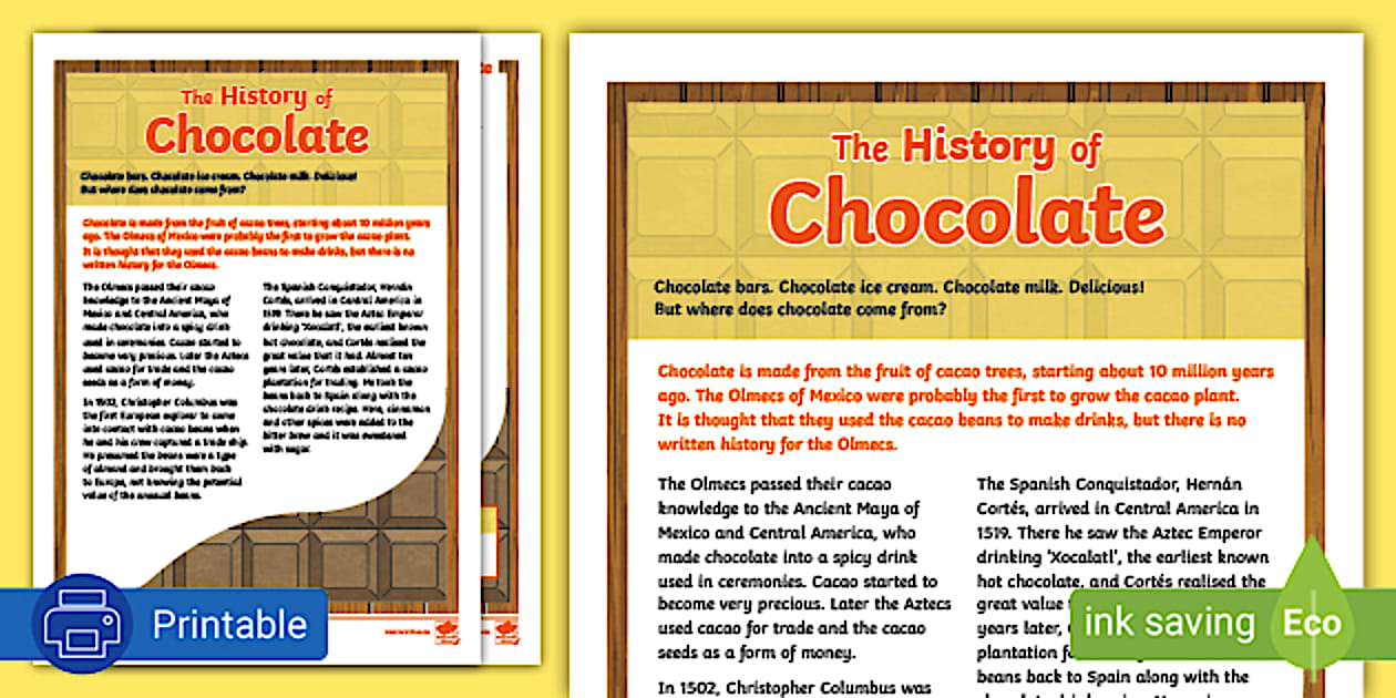 History of Chocolate Reading Comprehension Activity - Twinkl