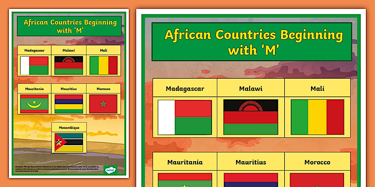 African Countries Beginning with the Letter 'M' Display Poster