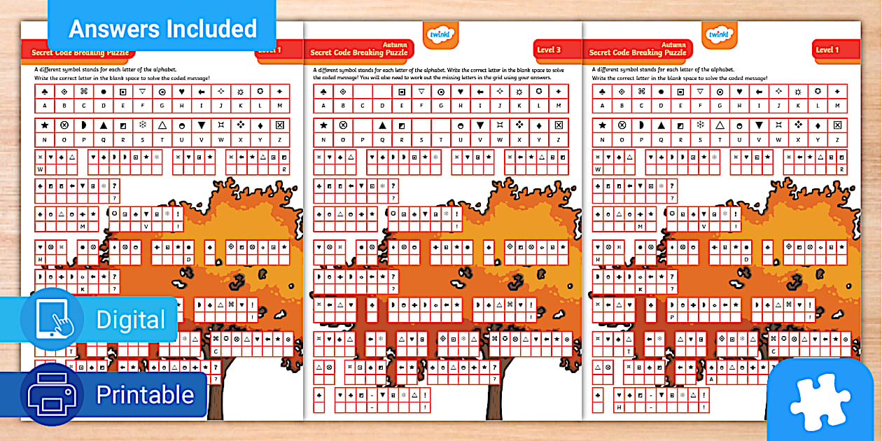 Fun Autumn Secret Code Breaking Puzzle Pack - AL - Twinkl