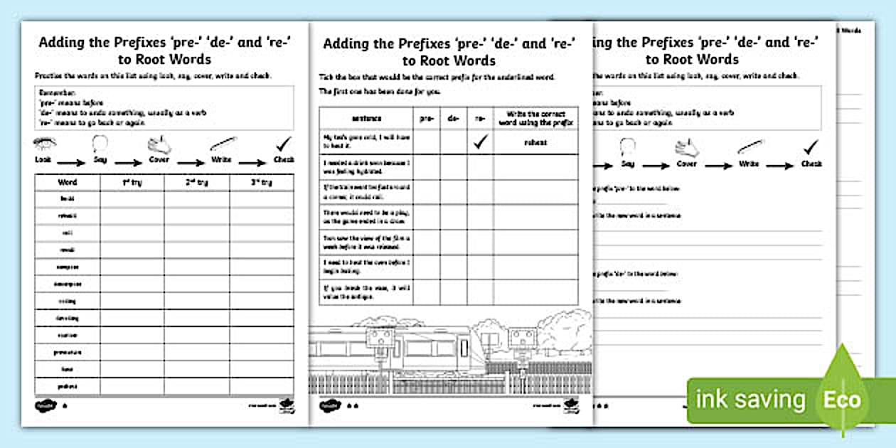 Lower Ability Adding the Prefixes 'pre-', 'de-' and 're-' Worksheet
