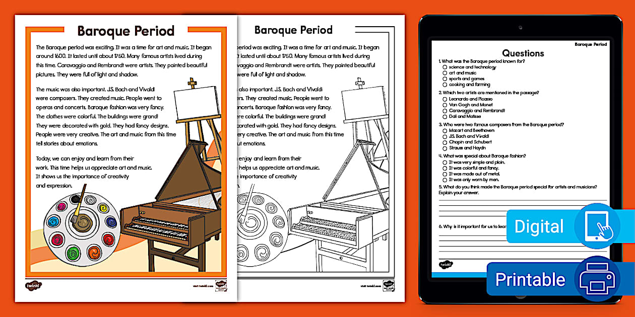 First Grade Baroque Period Reading Comprehension Worksheet
