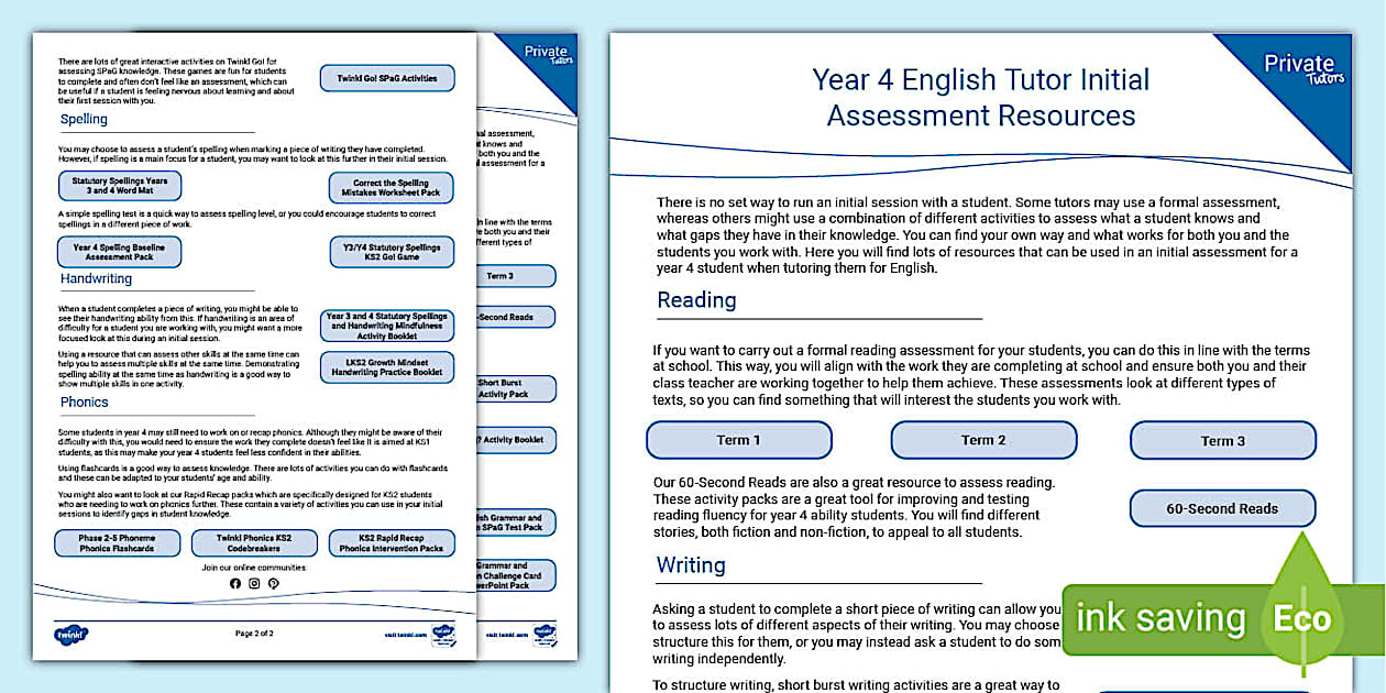 Year 4 English Tutor Initial Assessment Resources - Twinkl