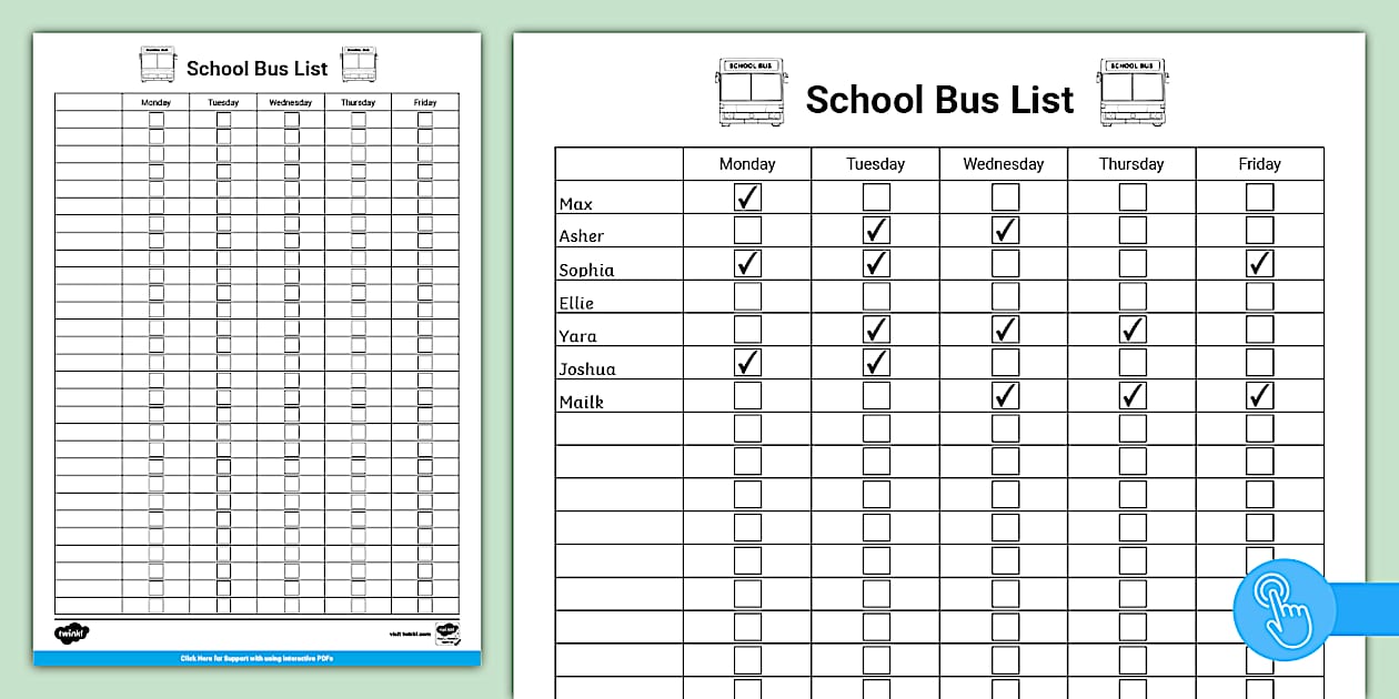 Editable School Bus List - Twinkl - KS1 (teacher made)