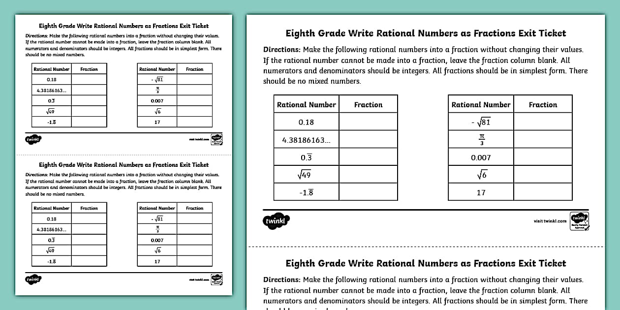 Eighth Grade Write Rational Numbers as Fractions Exit Ticket