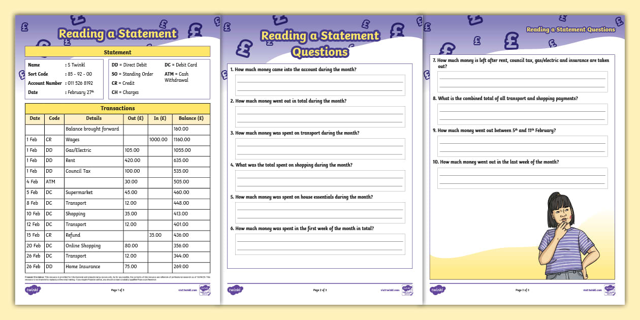 Financial Literacy: Reading a Statement Activity Sheet