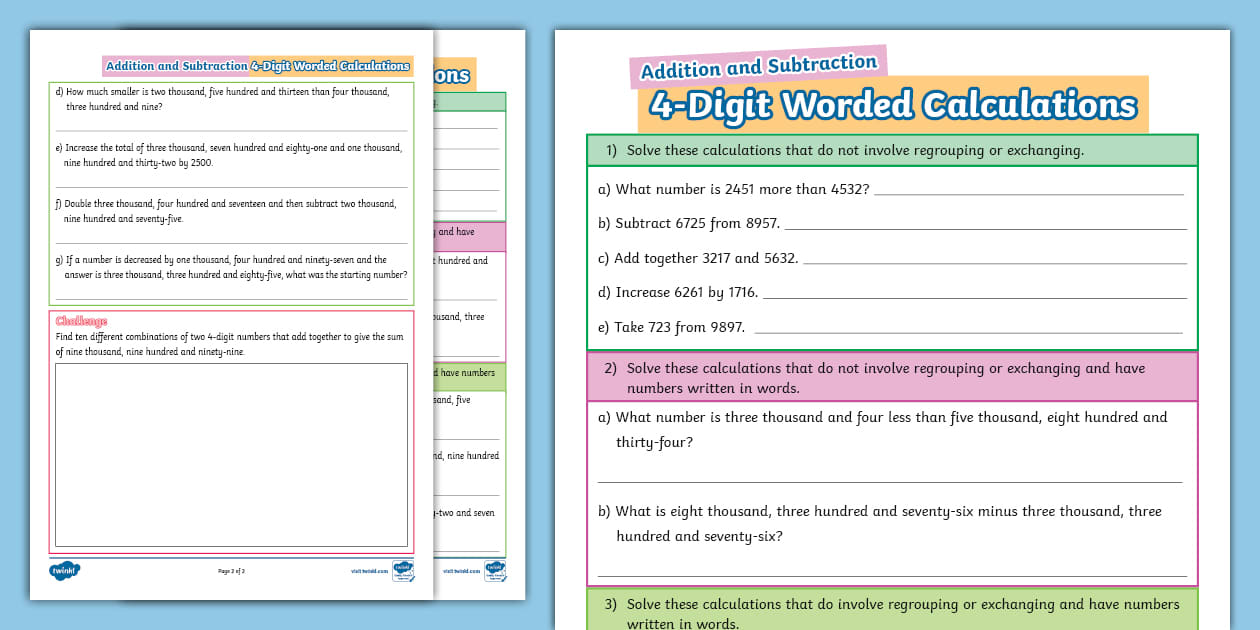 Addition and Subtraction 4-Digit Worded Calculations
