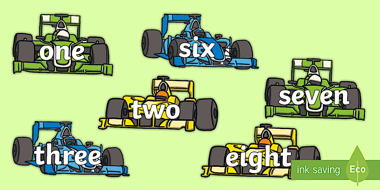Editable 1 to 10 Number Words on Race Cars Cut-Outs - Twinkl