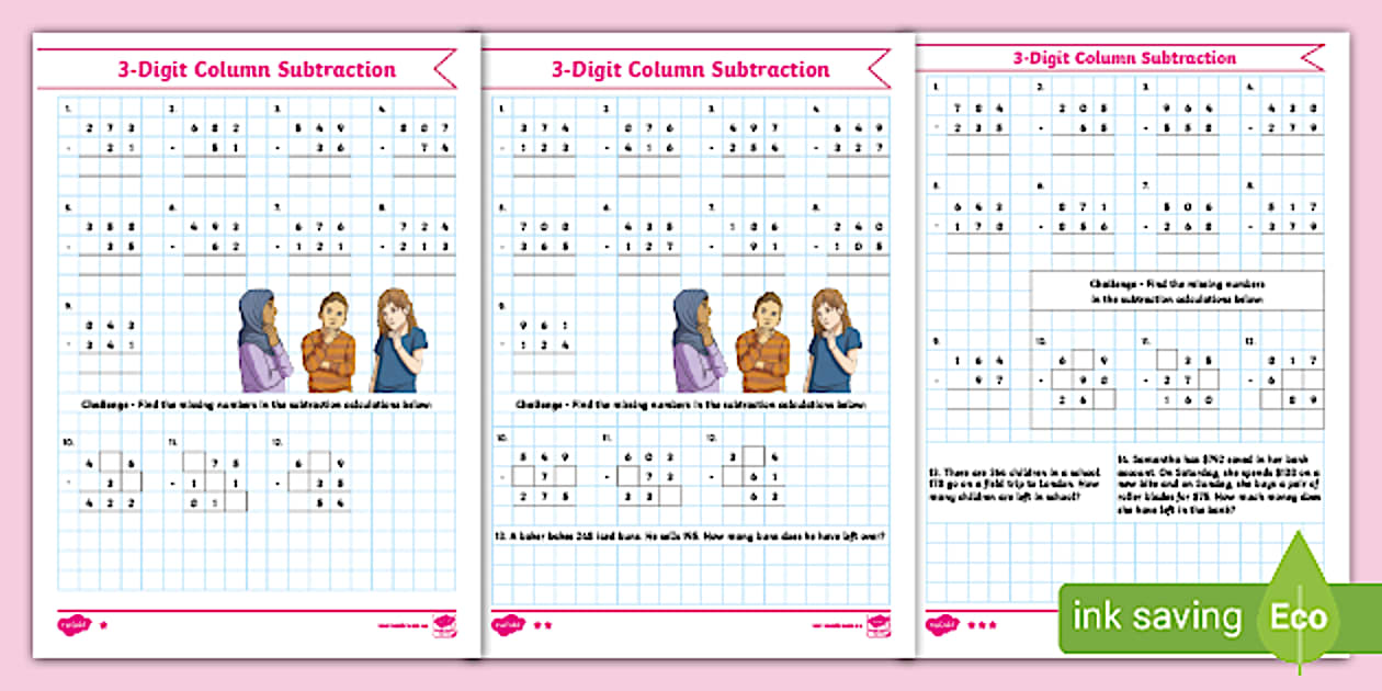 Editable 3-Digit Column Subtraction Differentiated Worksheets