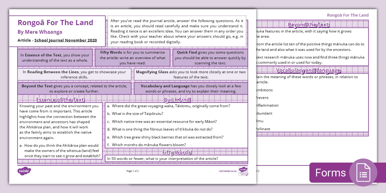 L4 November 2020 School Journal - Rongoā For The Land Article Comprehension
