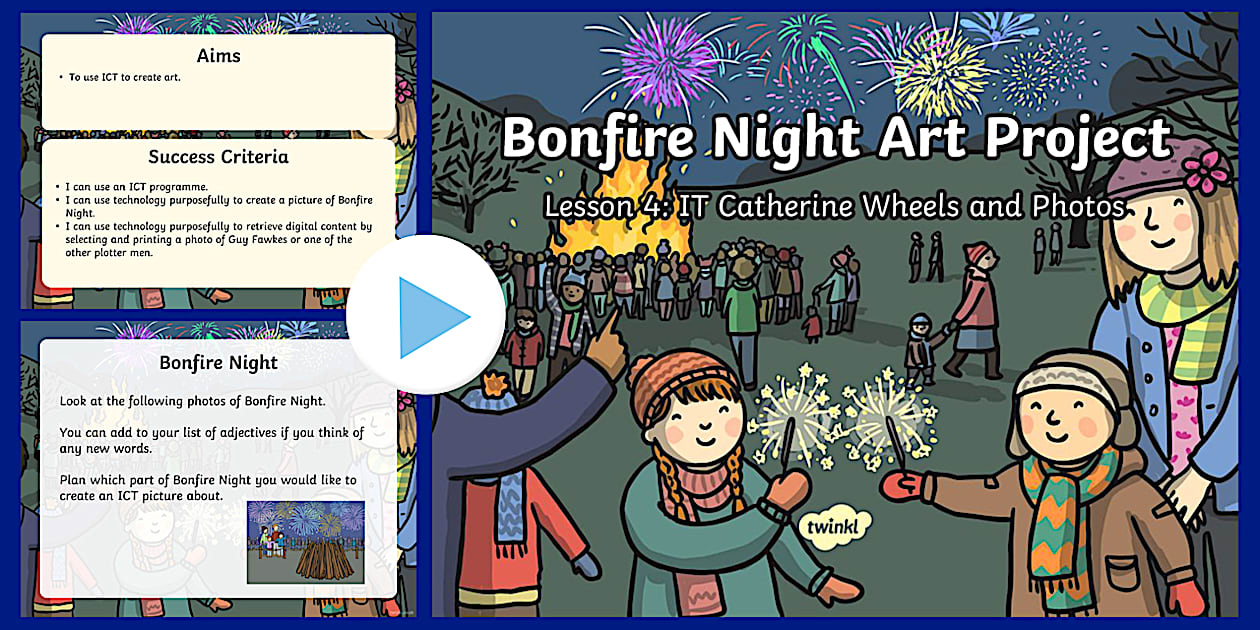 KS1 Bonfire Night Art Lesson 4: ICT Catherine Wheels and Photos PowerPoint