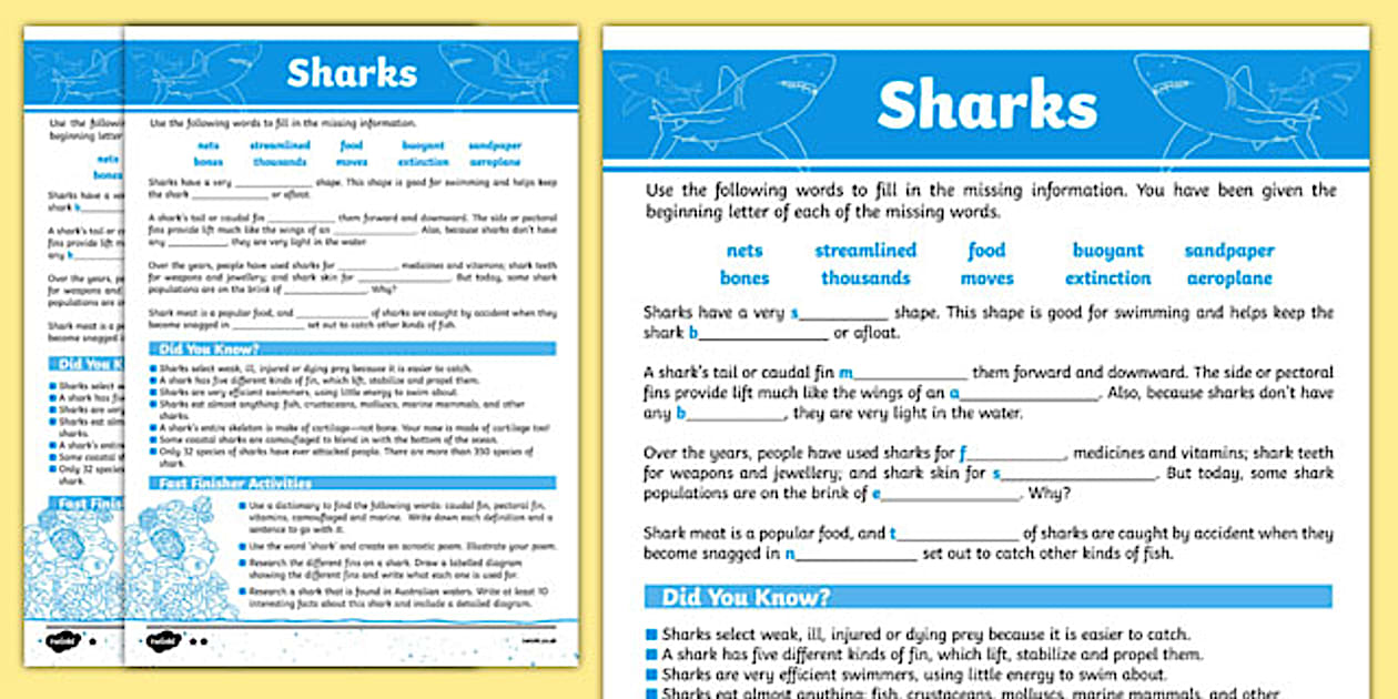 Australian Animals Years 3-6 Sharks Differentiated Cloze Passage ...