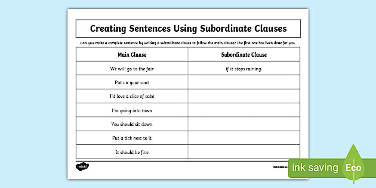 KS2 Writing Subordinate Clauses Worksheet (teacher made)