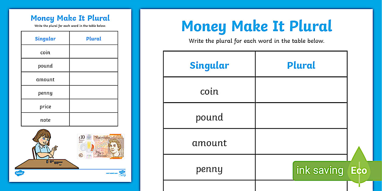 👉 Money Make It Plural Worksheet (teacher made) - Twinkl