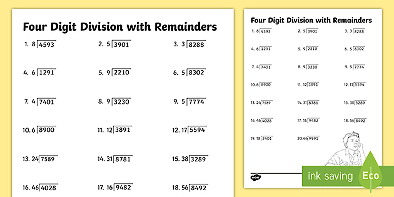 Four-Digit Division with Remainders Worksheet for 4th-5th Grade