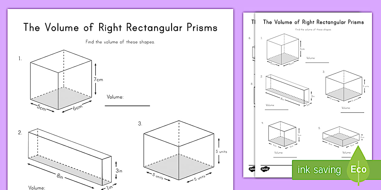 Volume of Right Rectangular Prisms Worksheet for 3rd-5th Grade
