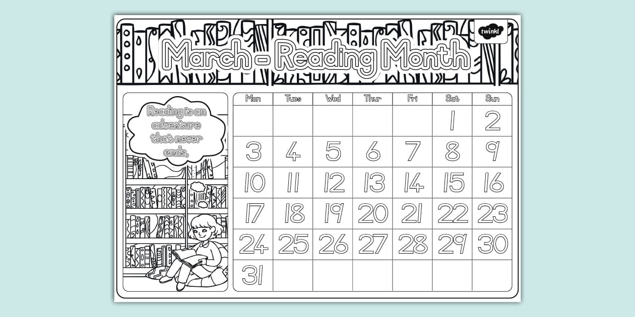 March Reading Colouring Calendar Activity - Twinkl
