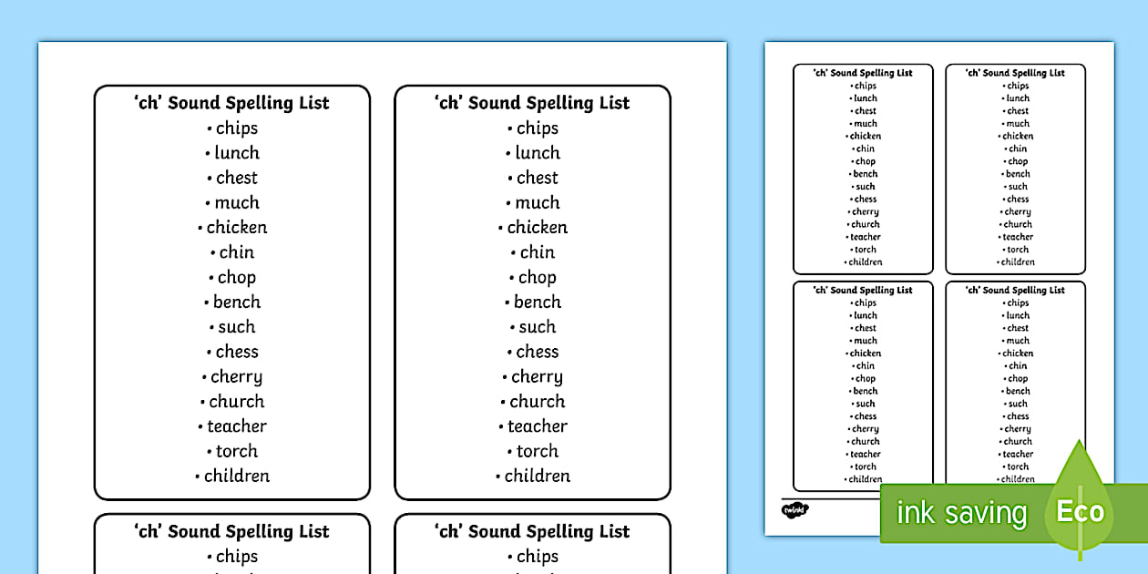 'ch' Sound Spelling List Cards (teacher made) - Twinkl