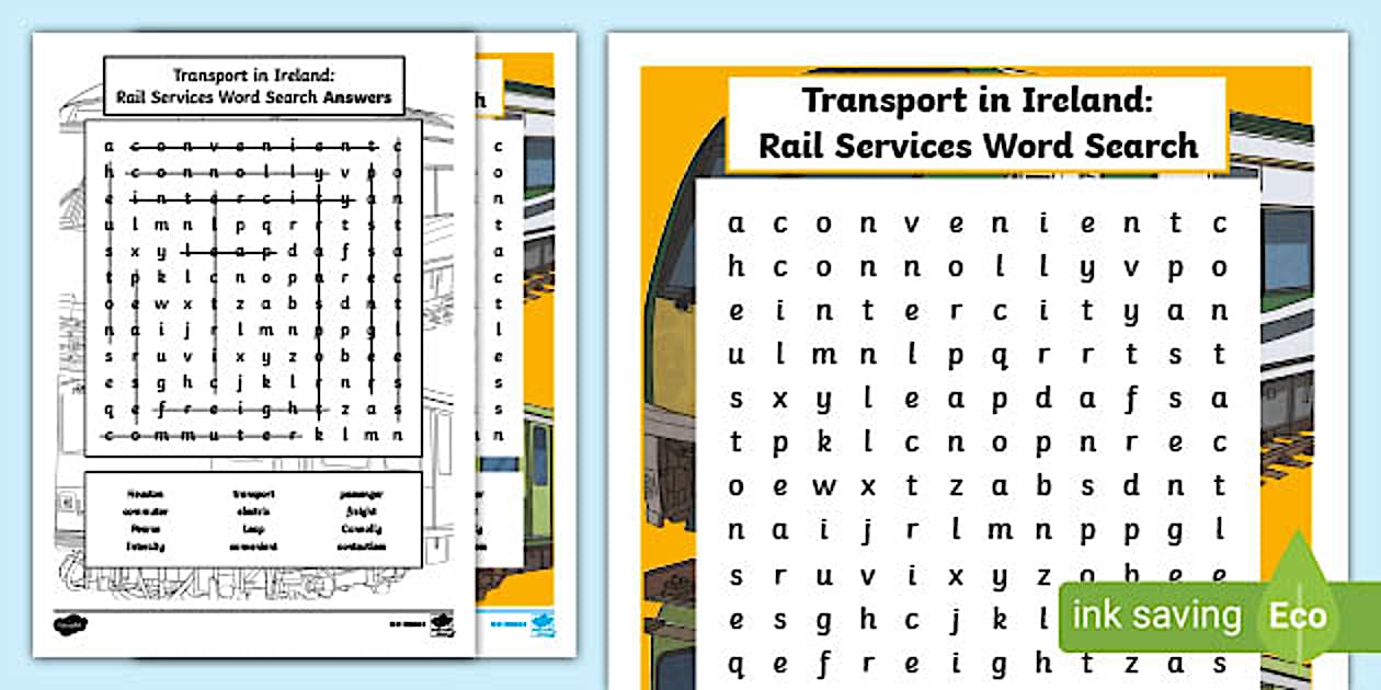Transport in Ireland: Rail Services Word Search - Twinkl