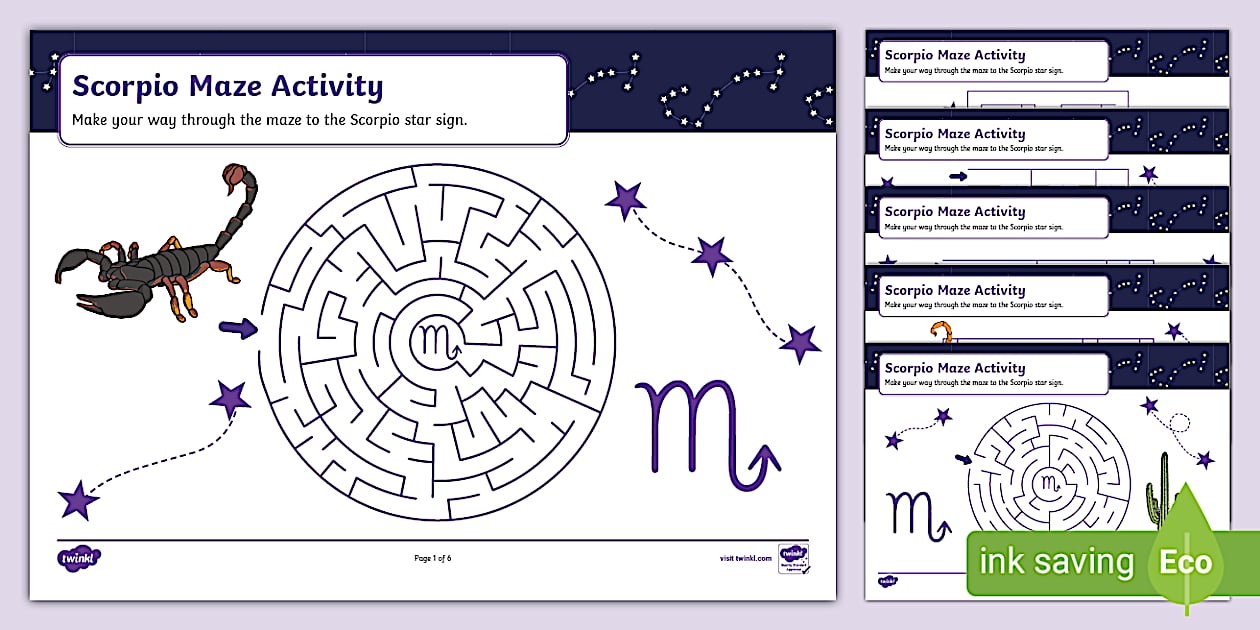 Scorpio Star Sign Themed Maze Activity Worksheets - Twinkl