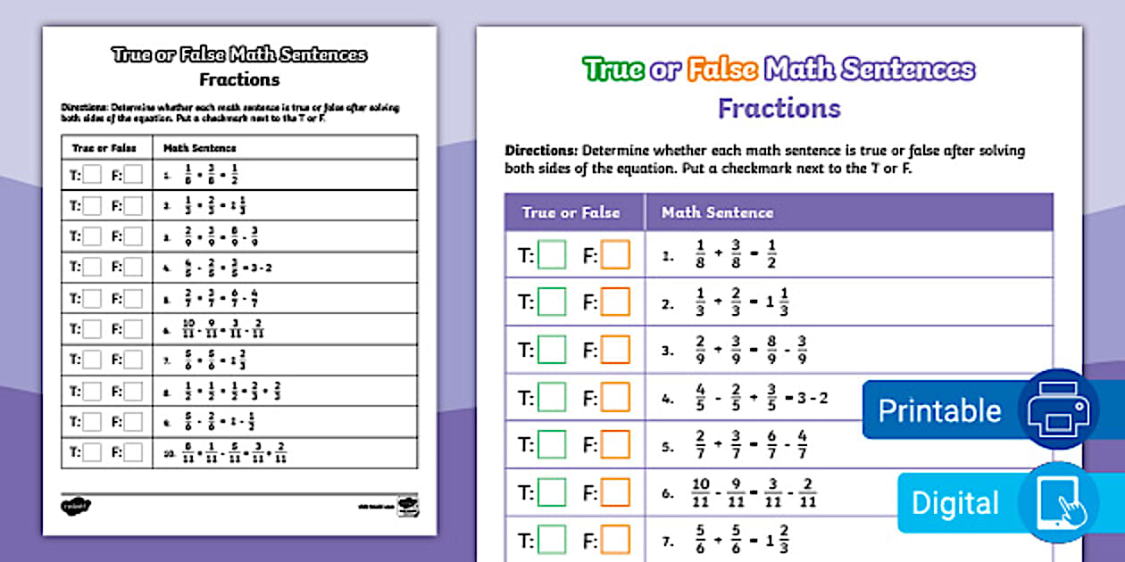 True or False Math Fractions Worksheet | Number Sentences