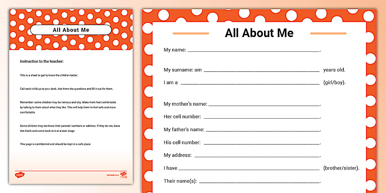 Grade R Listening and Speaking: All About Me - Information Sheet