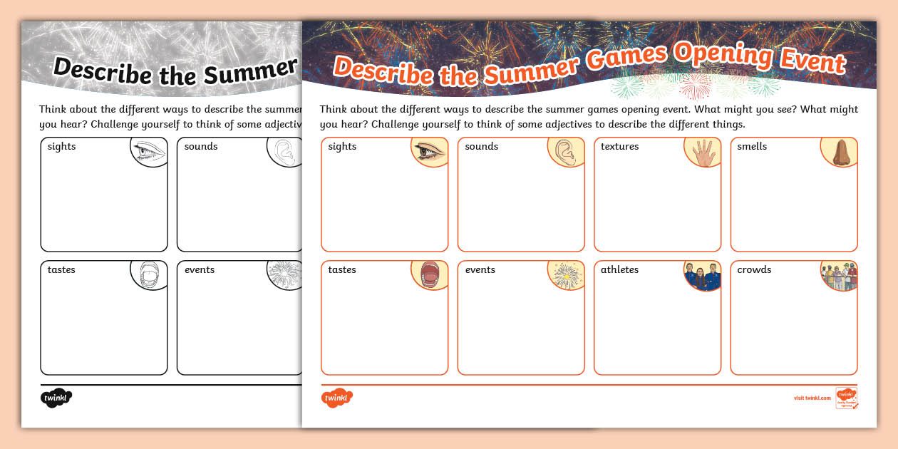Summer Games Opening Event Adjectives Worksheet - Twinkl