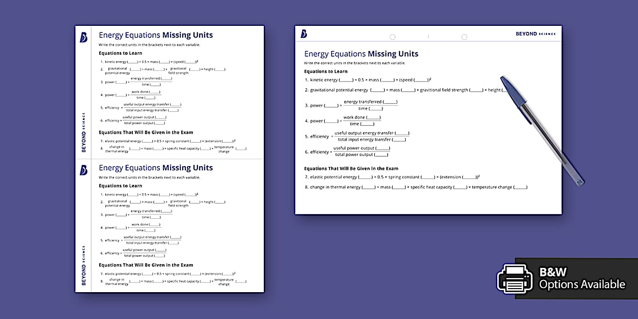 Energy Equations Missing Units Worksheet | Physics | Beyond