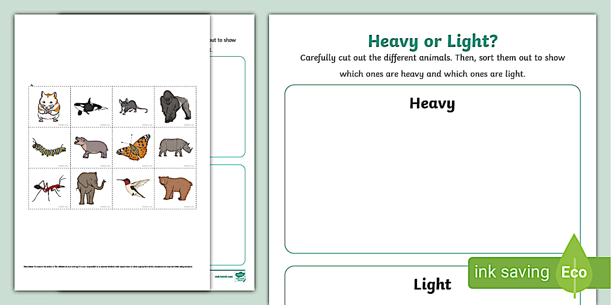 Heavy or Light? Animals Sorting Activity (teacher made)