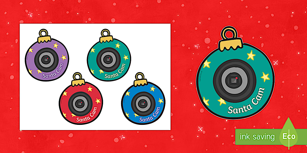 Black and White Santa Cam Christmas Baubles - Twinkl