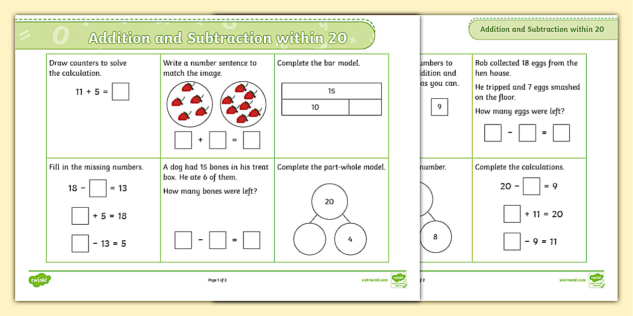 👉 Addition and Subtraction within 20 Activity Mat