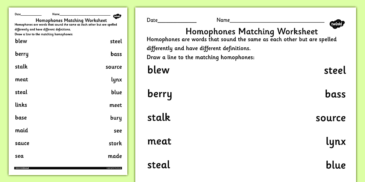 Matching Homophones Worksheet