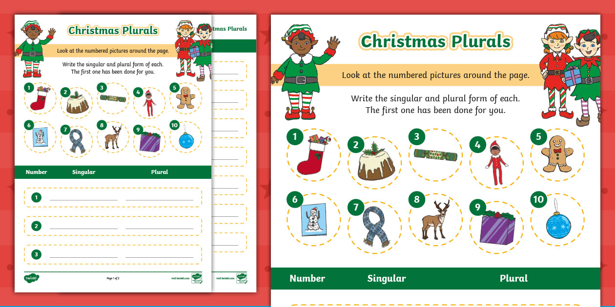 Christmas Plurals Activity Sheet (teacher made) - Twinkl