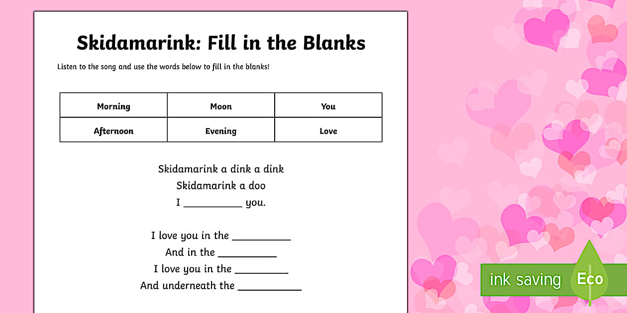 Skidamarink Song Fill in the Blanks Worksheet / Worksheet