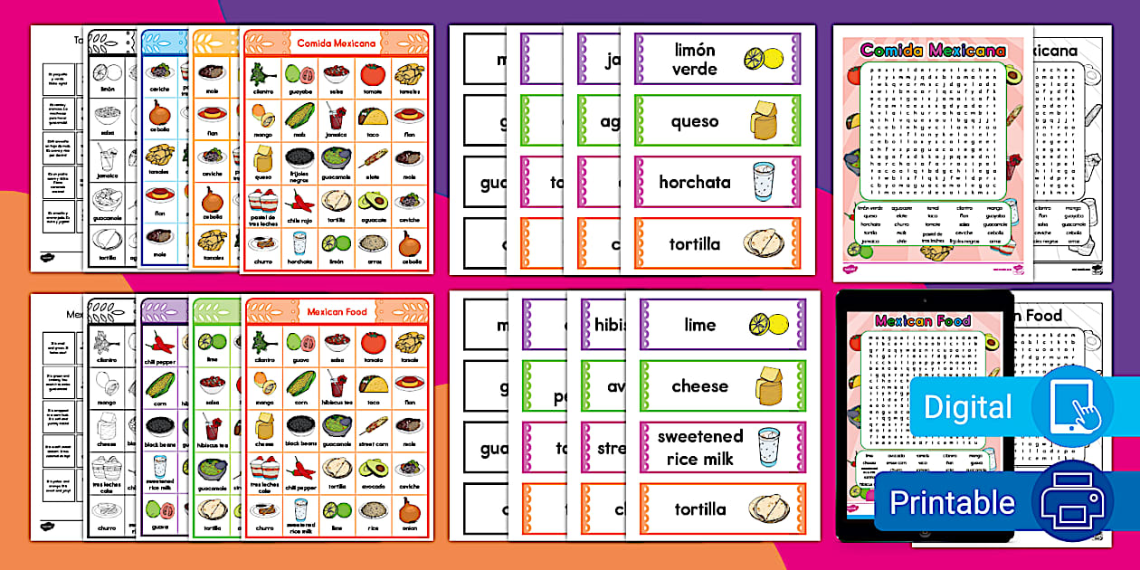 Mexican Food Vocabulary Bundle in English and Spanish | Cinco de Mayo,