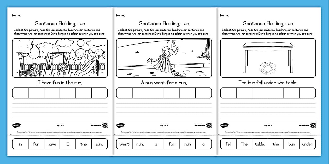 Phonics Sentence Building: -un (teacher made) - Twinkl