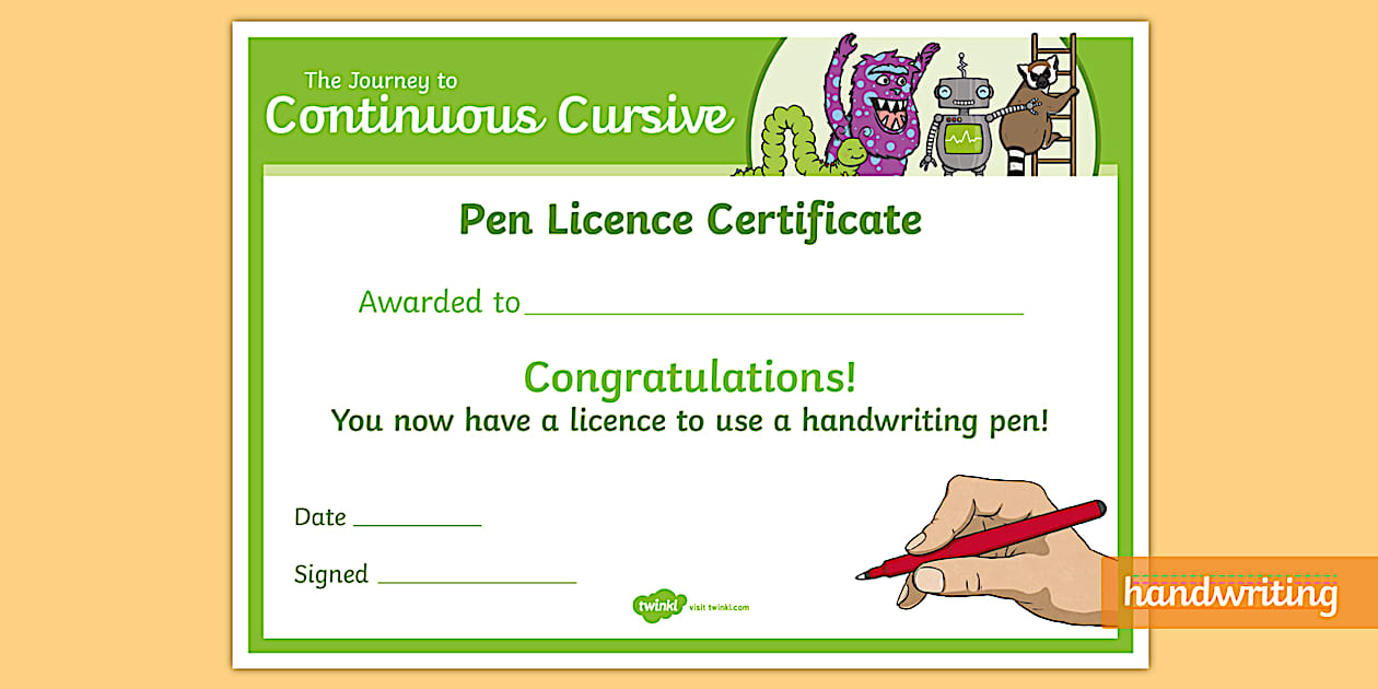 Editable The Journey to Continuous Cursive Pen Licence Certificate