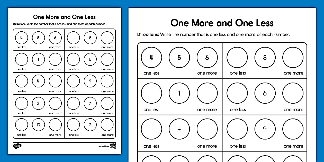 Kindergarten One More and One Less Activity Sheet - Twinkl