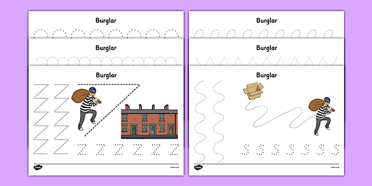 Black and White Burglar Pencil Control Sheets - Twinkl