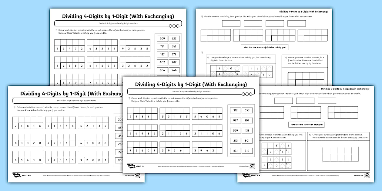 👉 Divide 4 Digits by 1 Digit (with exchanging) maths worksheets