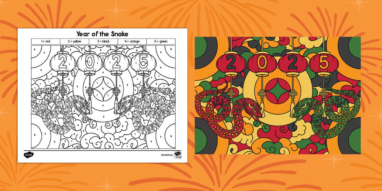 Year of the Snake Color by Number to Five Activity - Twinkl