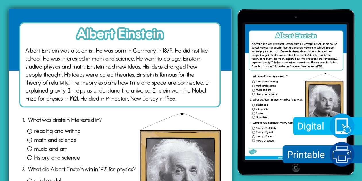 Kindergarten Albert Einstein Reading Passage Comprehension