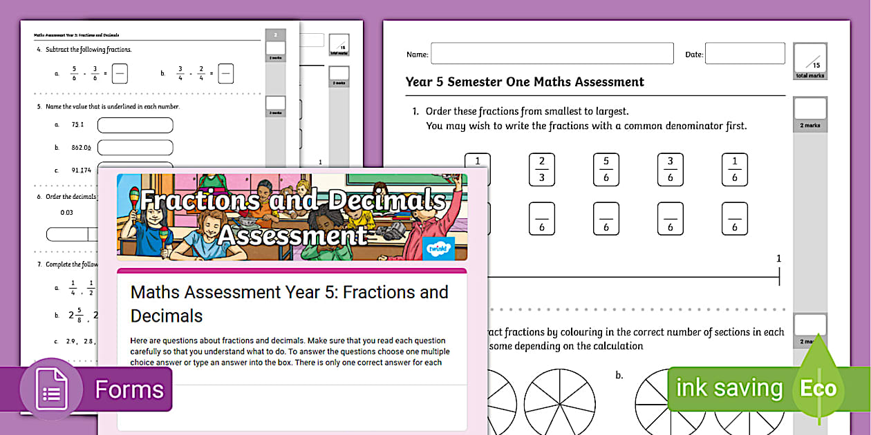 Maths Assessment Year 5: Fractions and Decimals - Twinkl