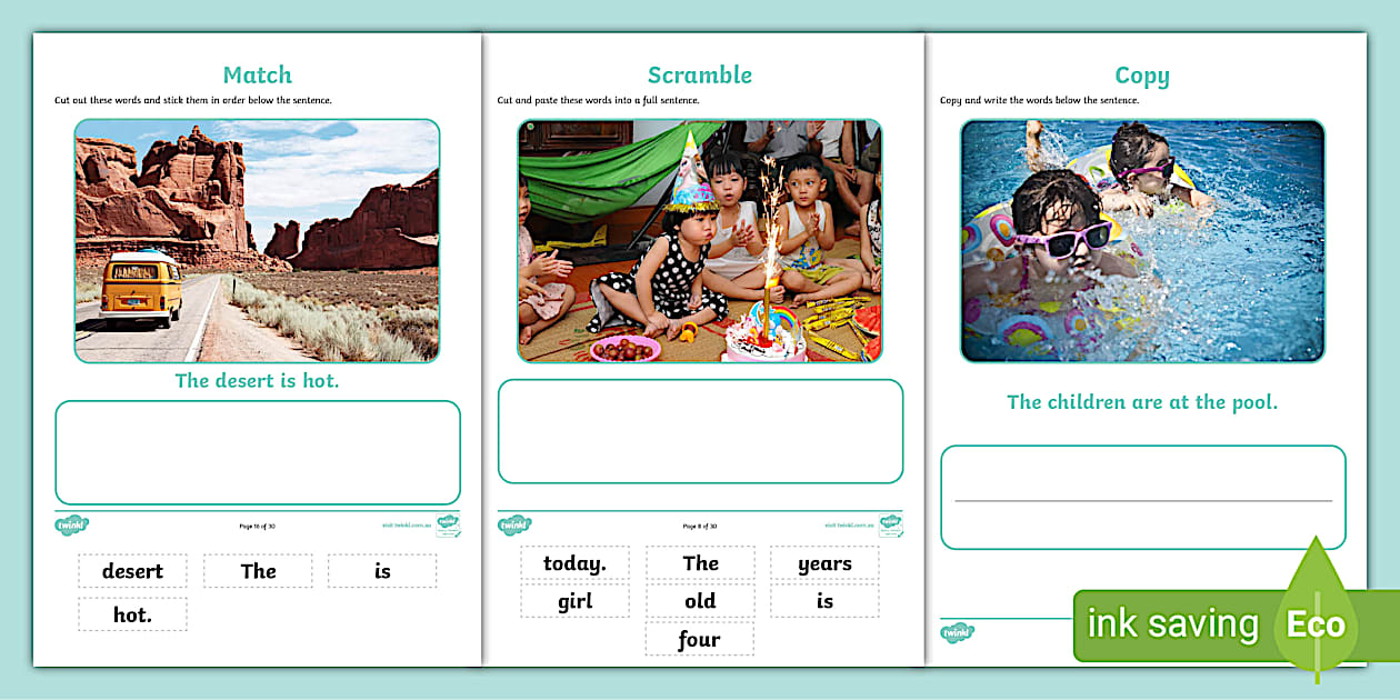 Match, Scramble, Copy Sentence Worksheets