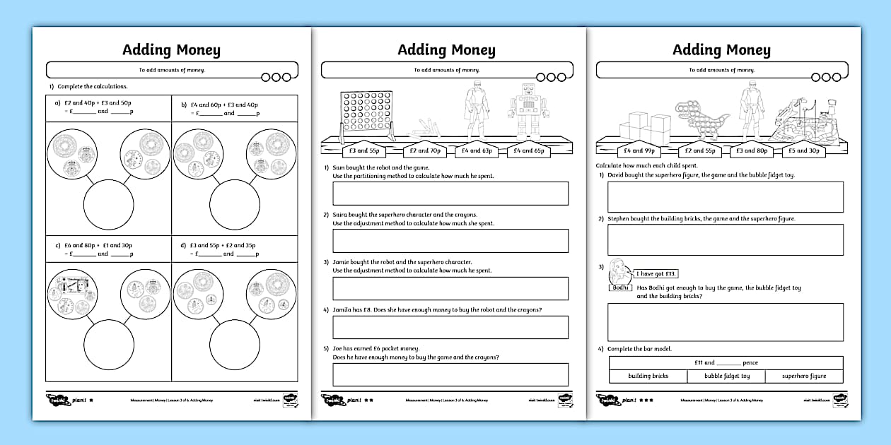 Editable Year 3 Adding Money Differentiated Maths Activity Sheets