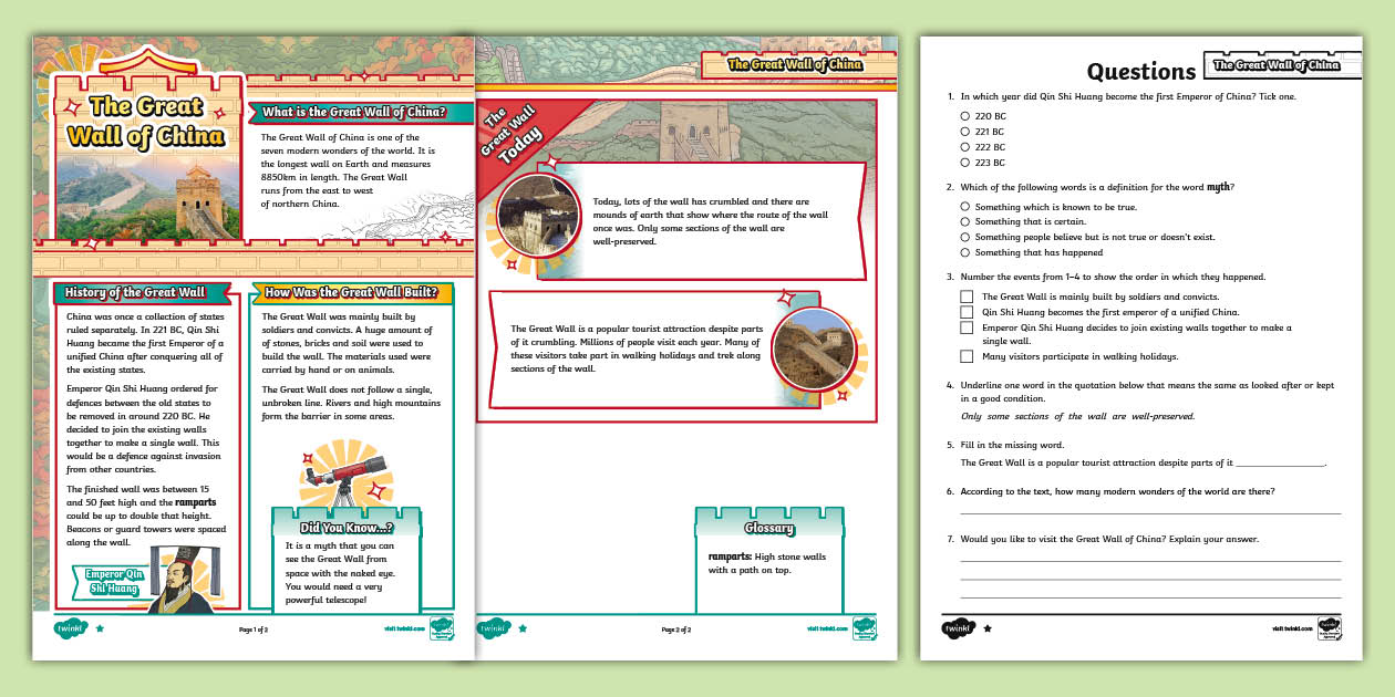LKS2 The Great Wall of China Differentiated Reading Comprehension Activity