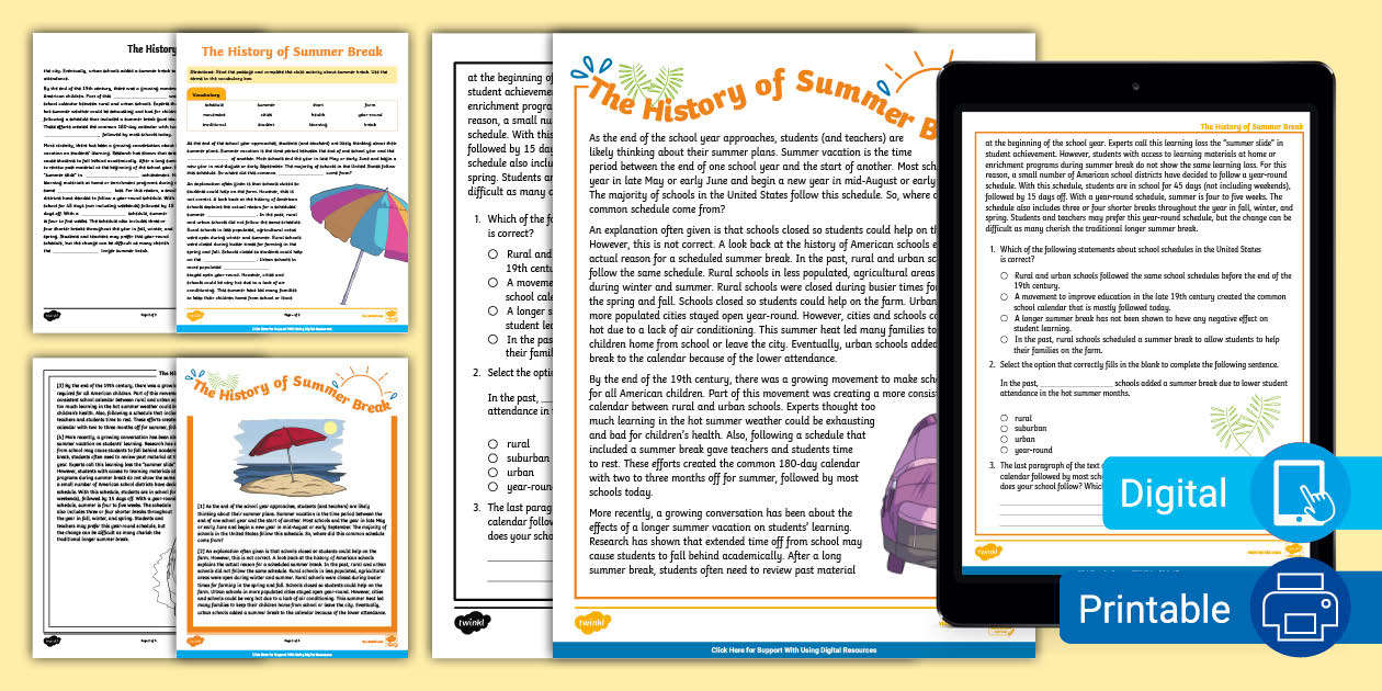 Sixth Grade History of Summer Break Reading Activity Pack